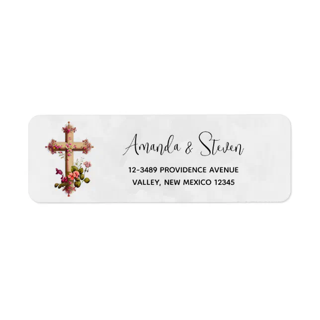 Elegant Wooden Cross with Pink Flowers Label | Zazzle