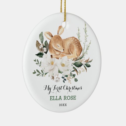 Elegant Woodland Deer Baby First Christmas Ceramic Ornament | Zazzle