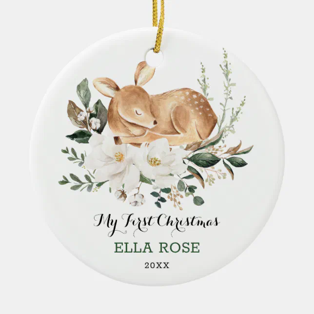 Elegant Woodland Deer Baby First Christmas Ceramic Ornament | Zazzle
