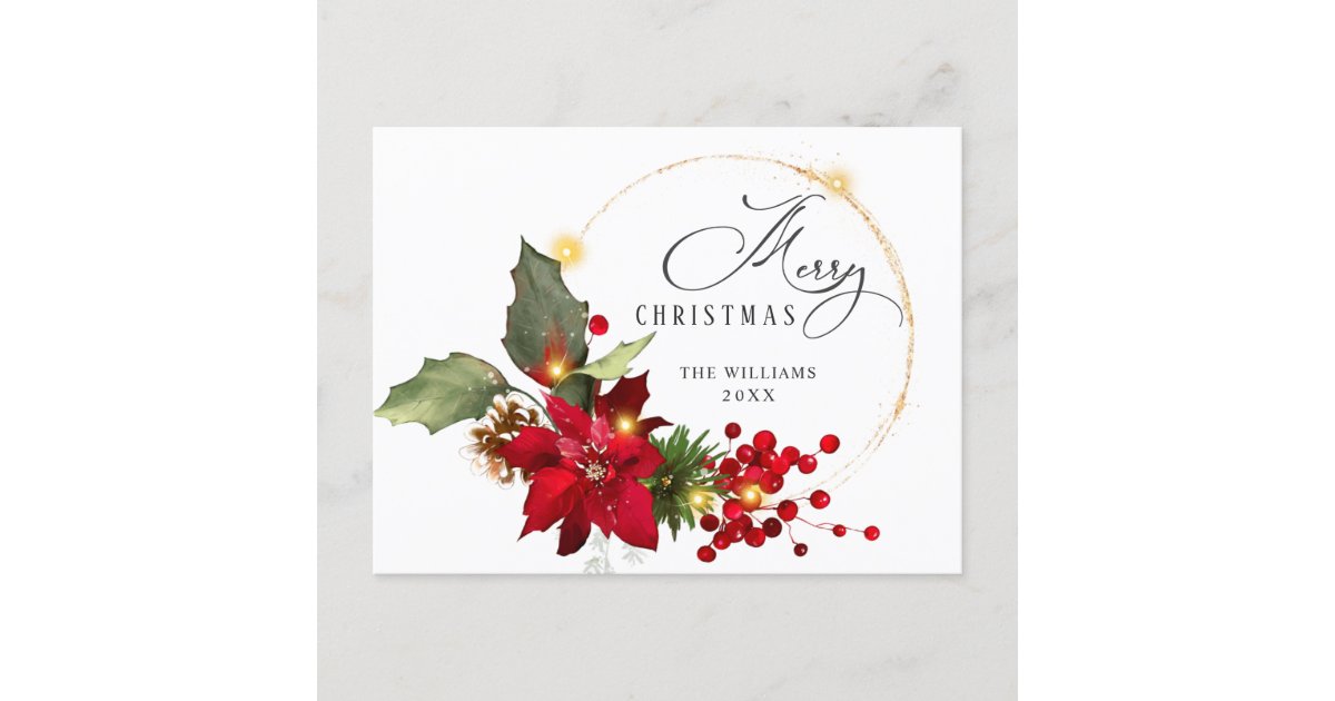 Elegant Wreath Poinsettia Mistletoe Christmas Postcard | Zazzle
