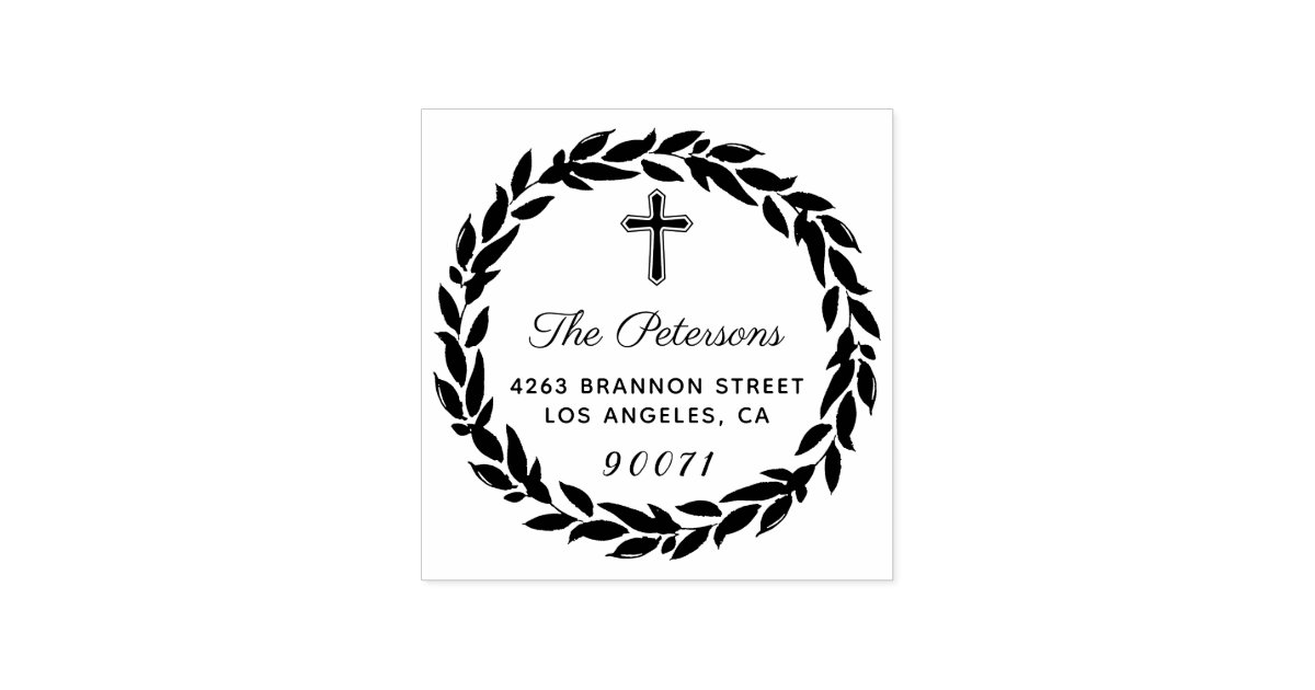 Elegant Wreath Religious Cross Return Address Rubber Stamp | Zazzle