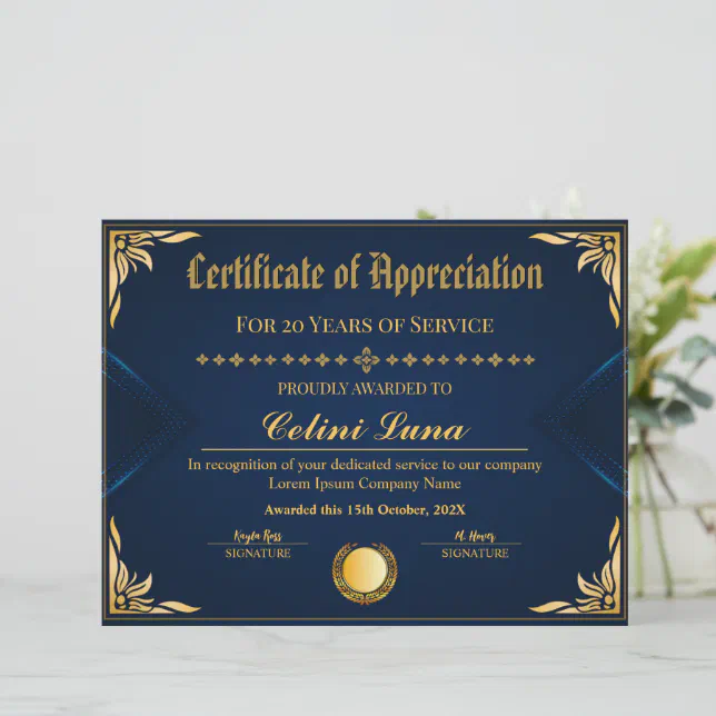 Elegant Years of Service Certificate - Royal Blue | Zazzle