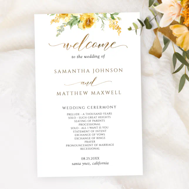 Elegant Yellow and Ochre Floral Wedding Program | Zazzle