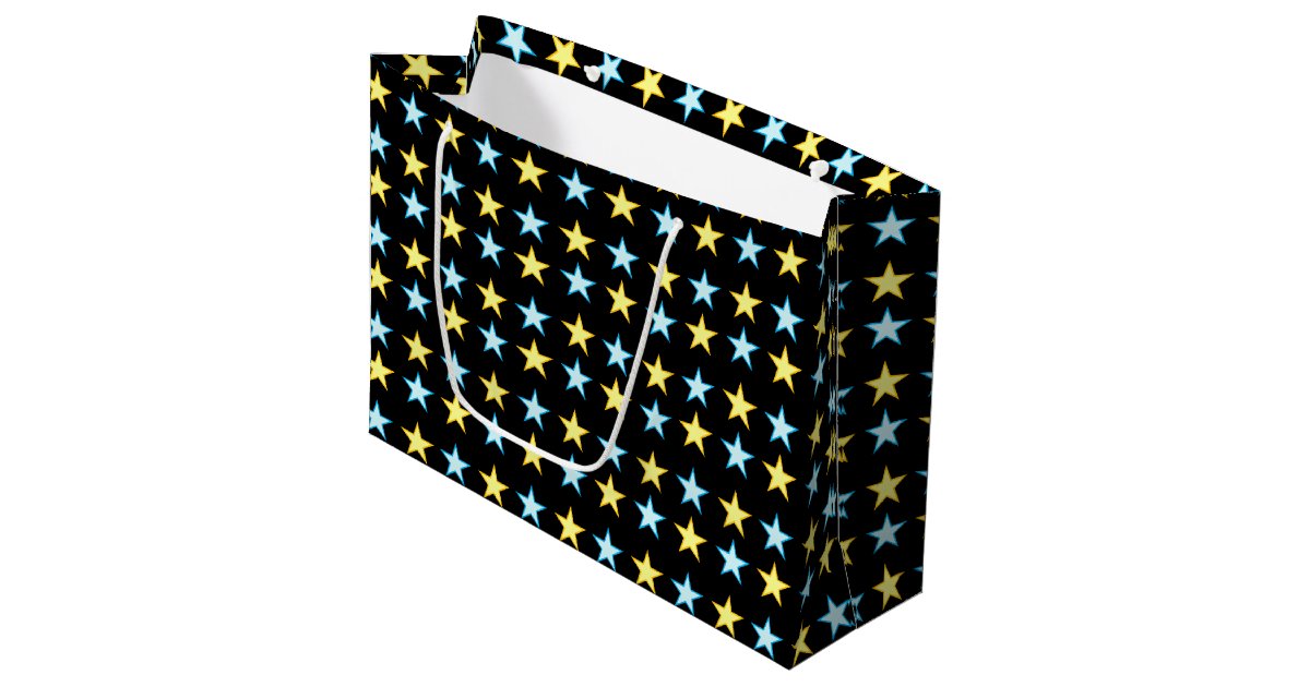 Elegant Yellow & Blue Star Pattern on Black Large Gift Bag | Zazzle