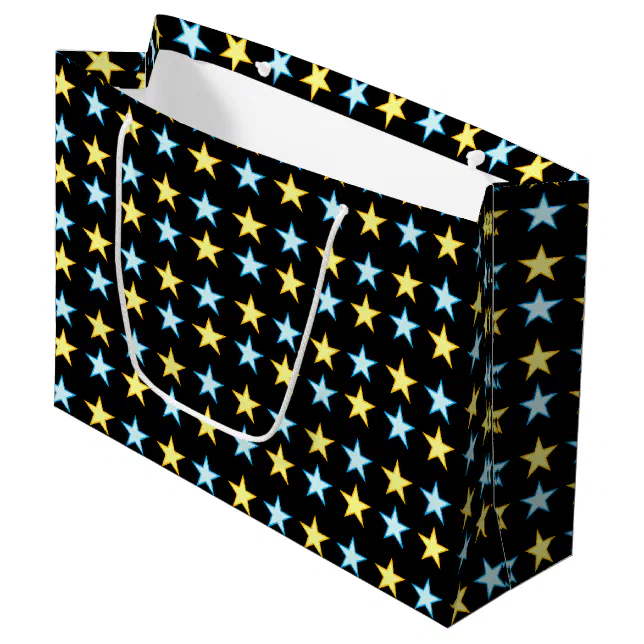 Elegant Yellow & Blue Star Pattern on Black Large Gift Bag | Zazzle