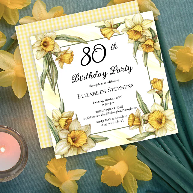 Elegant Yellow Daffodils Floral 80th Birthday Invitation | Zazzle