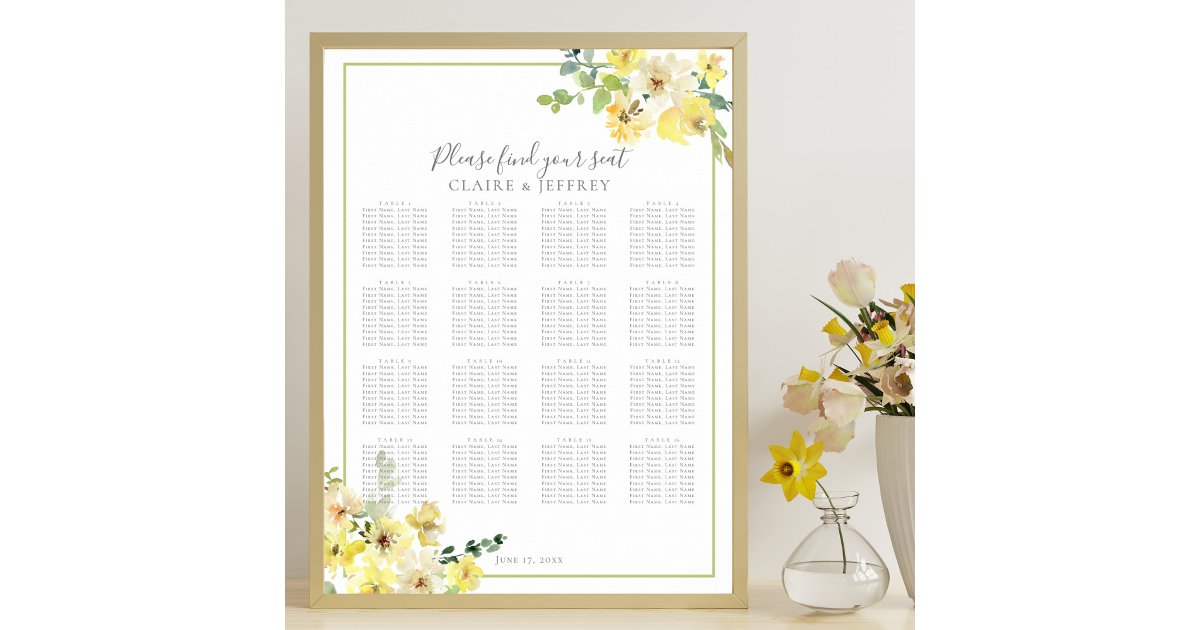 Elegant Yellow Floral Wedding Seating Chart | Zazzle