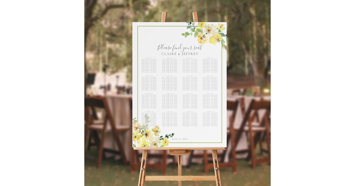 Elegant Yellow Floral Wedding Seating Chart Foam Board | Zazzle