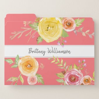 Elegant yellow pink floral watercolor, gray peach file folder | Zazzle