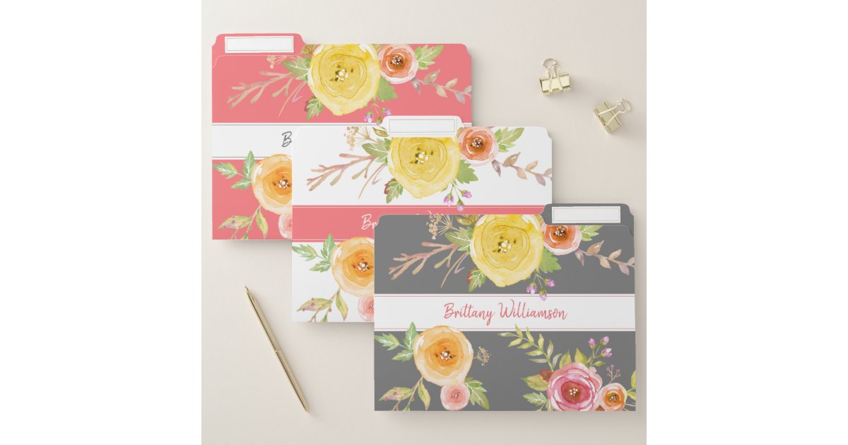 Elegant yellow pink floral watercolor, gray peach file folder | Zazzle