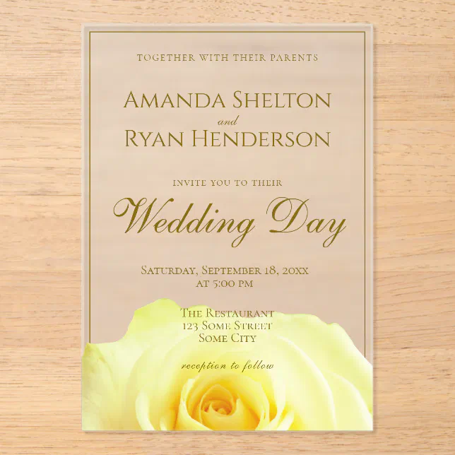 Elegant Yellow Roses Flower Floral Wedding Acrylic Invitations | Zazzle