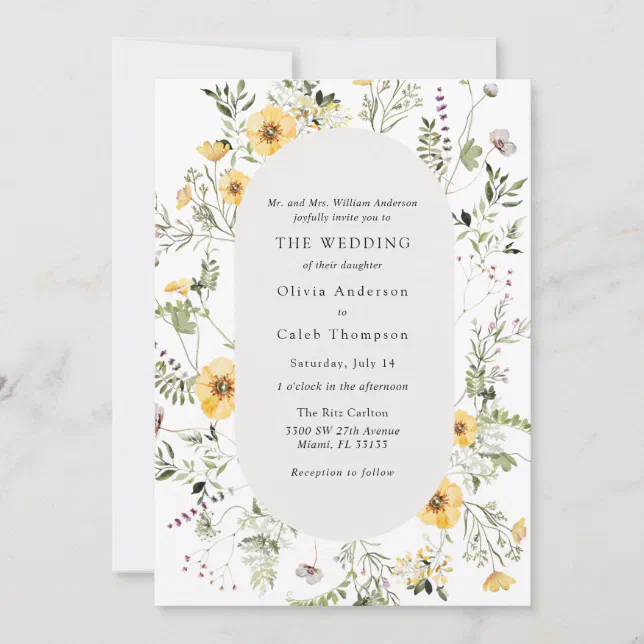 Elegant Yellow Wildflower Greenery Frame Wedding Invitation | Zazzle