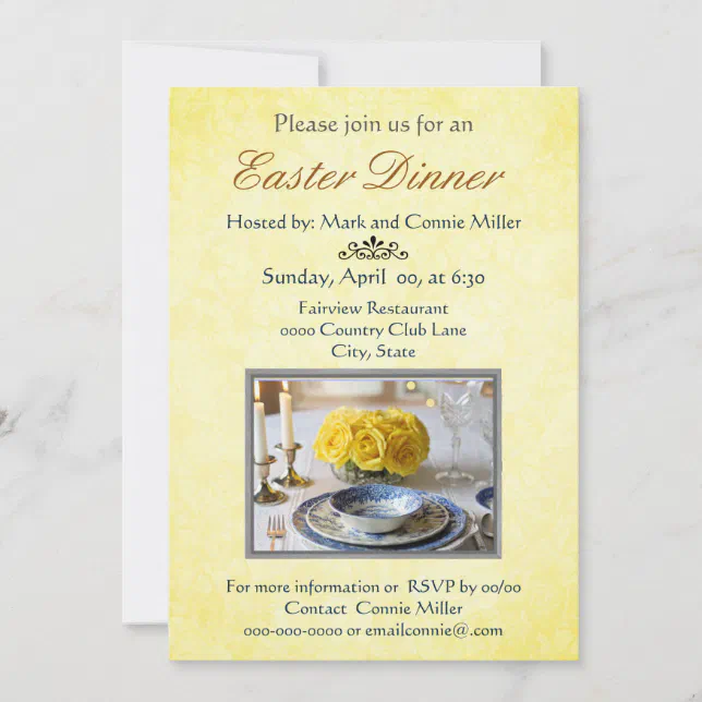 Elegant Yellow with Roses Easter Invitation | Zazzle