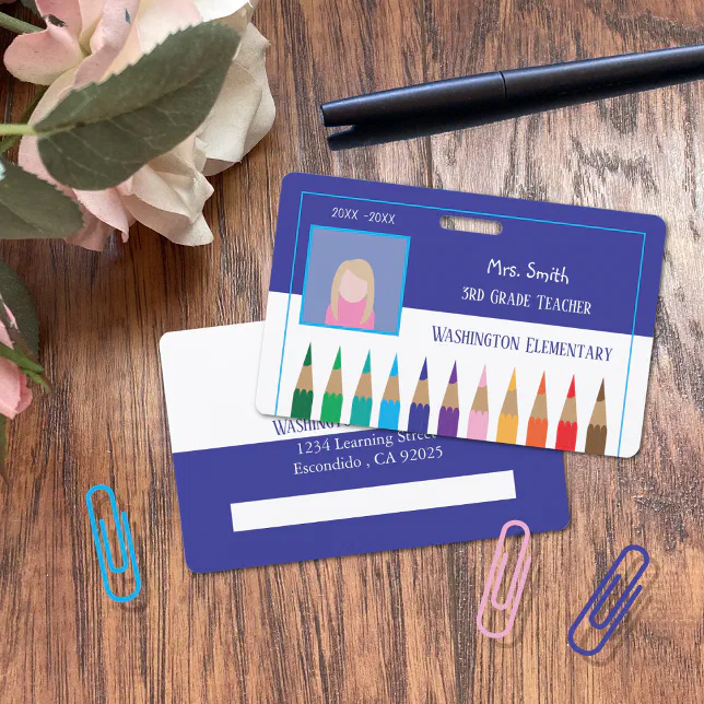 Elementary School Teacher Blue Photo ID Badge | Zazzle