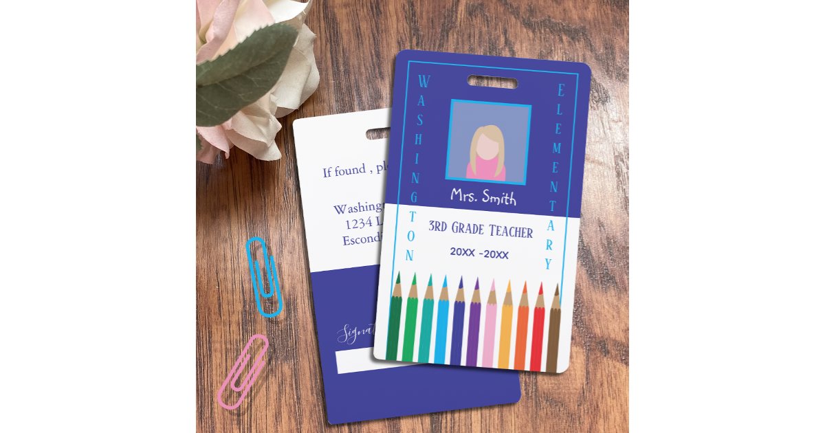 Elementary School Teacher color pencils Photo ID Badge | Zazzle