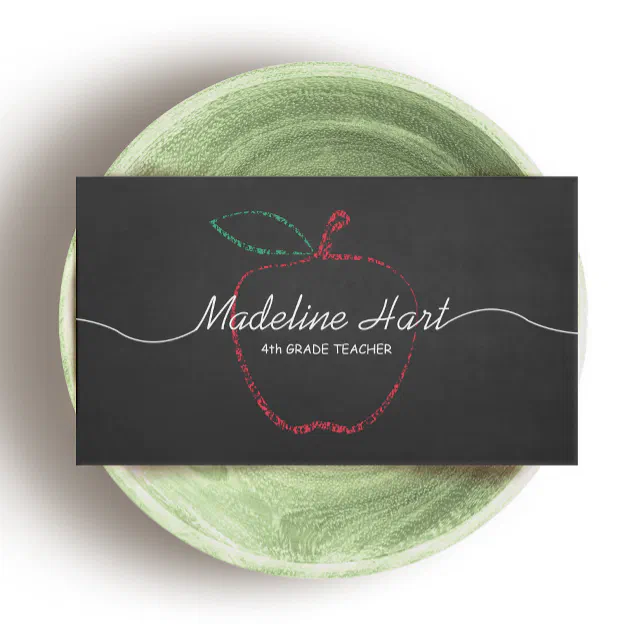 Elementary School Teacher Red Apple Chalkboard Business Card | Zazzle