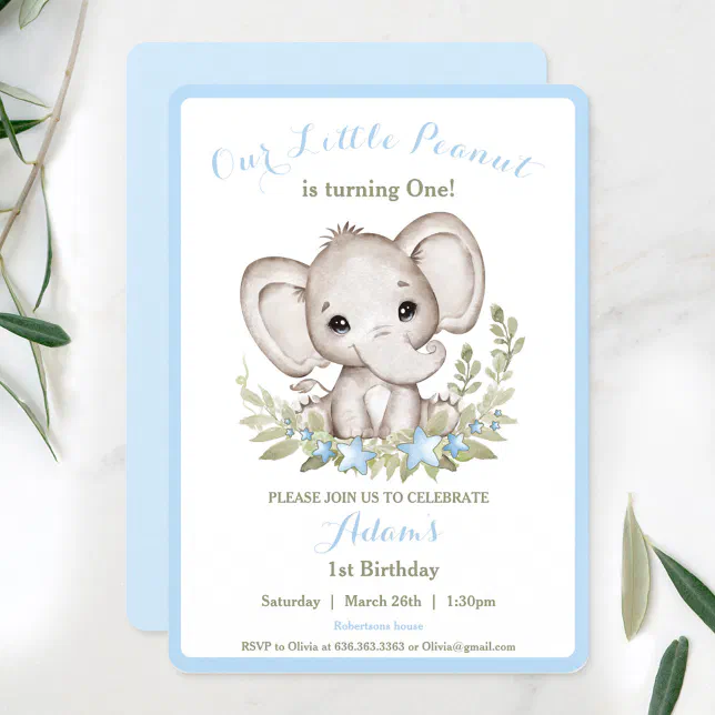 Elephant 1st Birthday Boy Invitation Custom Age | Zazzle