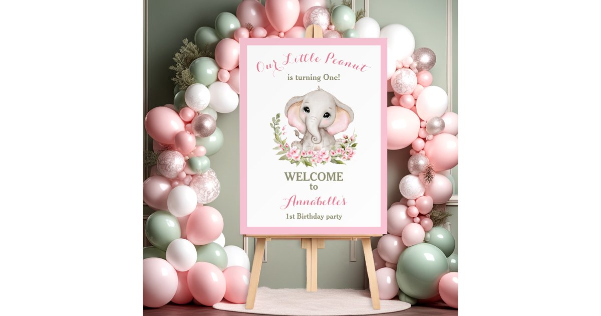 Elephant 1st Birthday Girl Custom Age Pink Spring Foam Board | Zazzle