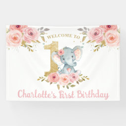 Elephant 1st Birthday One Pink Floral Backdrop Banner | Zazzle