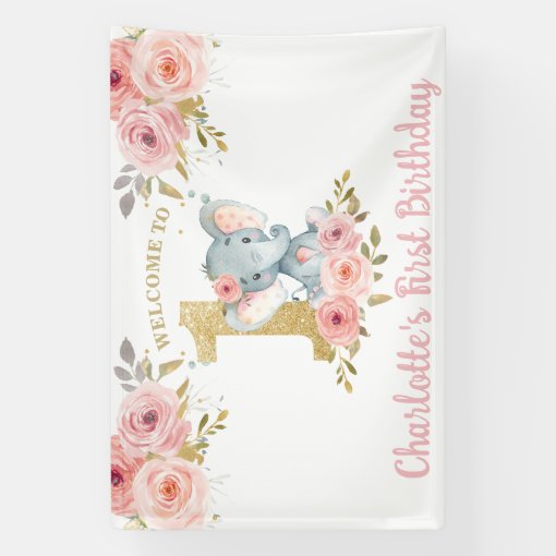 Elephant 1st Birthday One Pink Floral Backdrop Banner | Zazzle