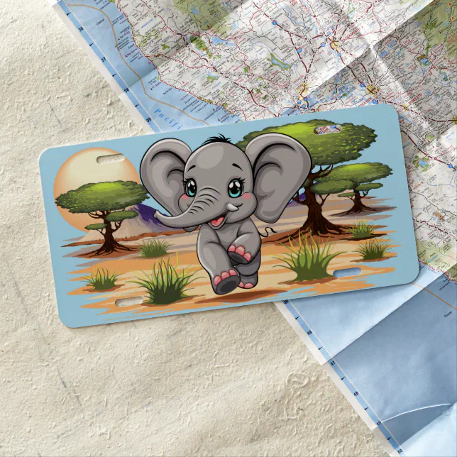 Elephant Baby Jumping Happy in African Savannah License Plate | Zazzle