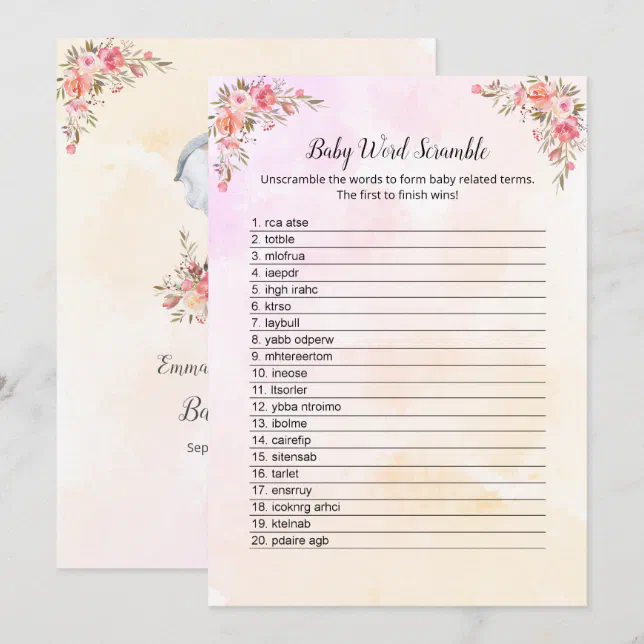 Elephant Baby Shower Baby Word Scramble Game Card | Zazzle