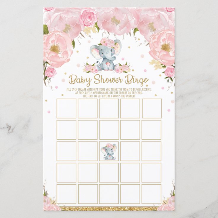 Elephant Baby Shower Bingo Game Activity Baby Girl | Zazzle