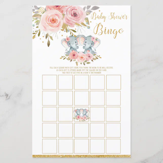 Elephant Baby Shower Bingo Game Activity Twin Girl | Zazzle