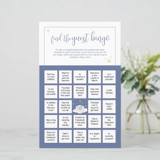 Elephant Baby Shower Game Guest Bingo Blue | Zazzle
