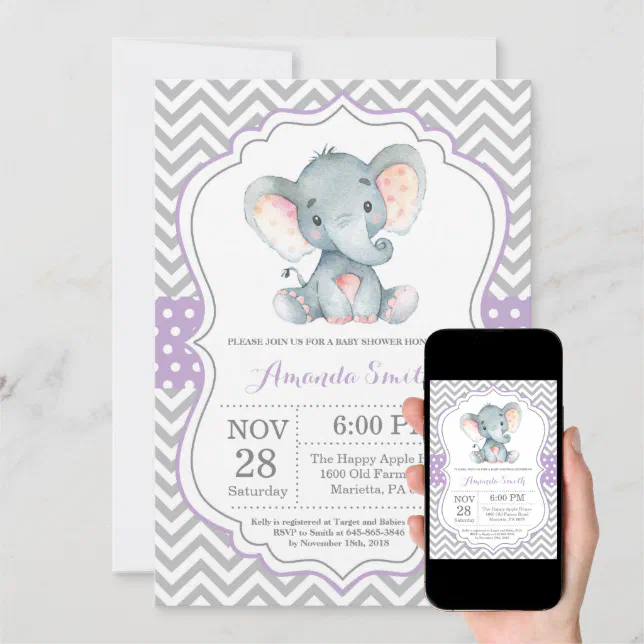 Elephant Baby Shower Invitation Purple and Gray | Zazzle