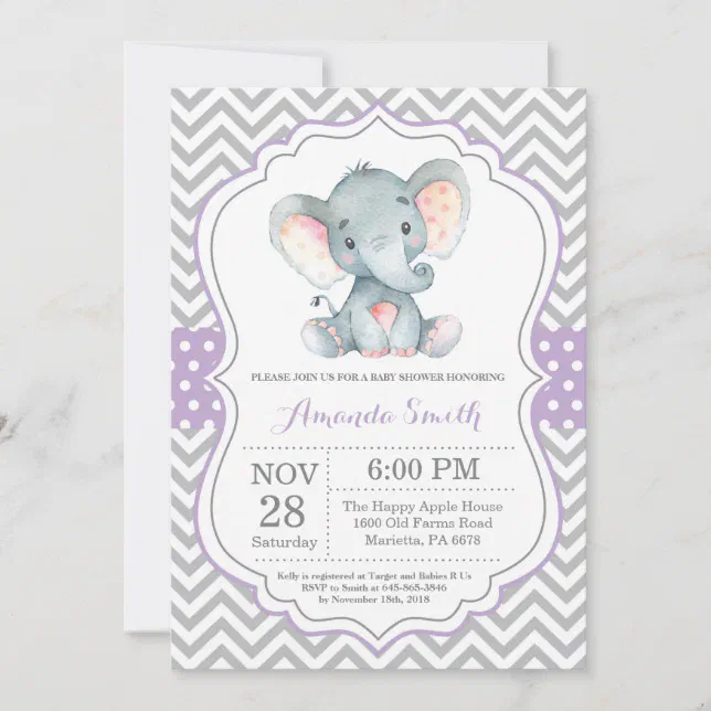 Elephant Baby Shower Invitation Purple and Gray | Zazzle
