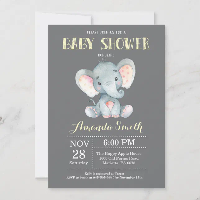 Elephant Baby Shower Invitation Yellow and Gray | Zazzle