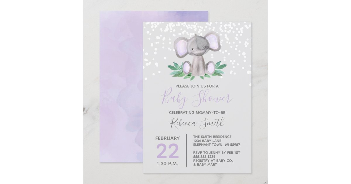 Elephant Baby Shower Purple Watercolor Invitation | Zazzle