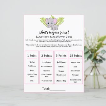Elephant Baby Shower Whats In Your Purse Game | Zazzle