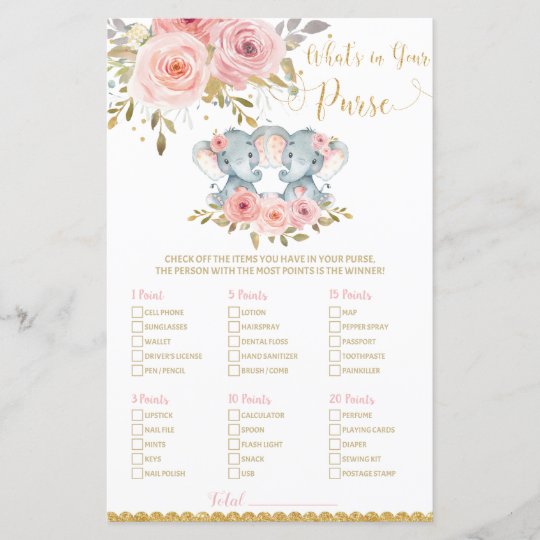 Elephant Baby Shower What's in Your Purse Game | Zazzle