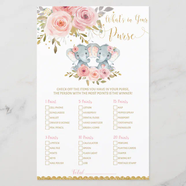 Elephant Baby Shower What's in Your Purse Game | Zazzle