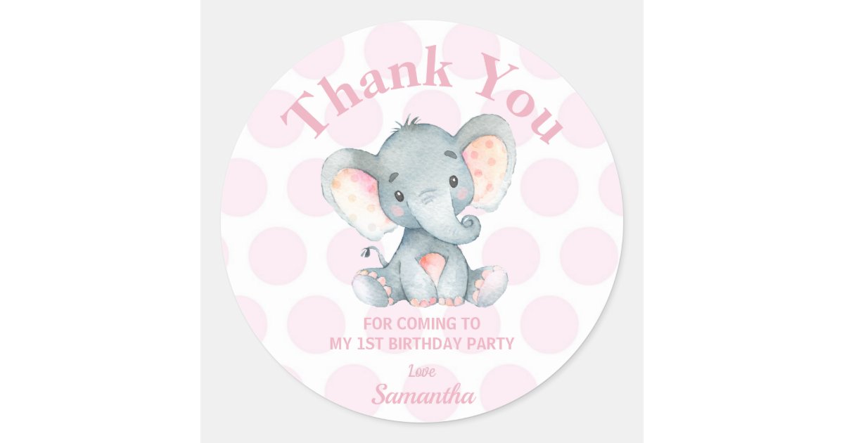Elephant Birthday Thank You Stickers Labels Pink | Zazzle