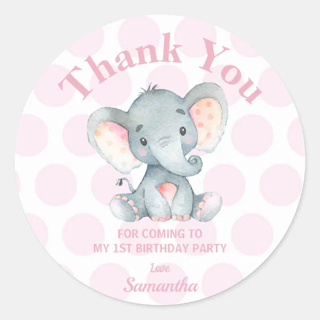 Elephant Birthday Thank You Stickers Labels Pink | Zazzle