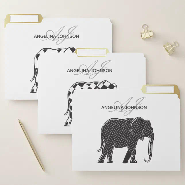 Elephant Black and White Monogrammed File Folder | Zazzle