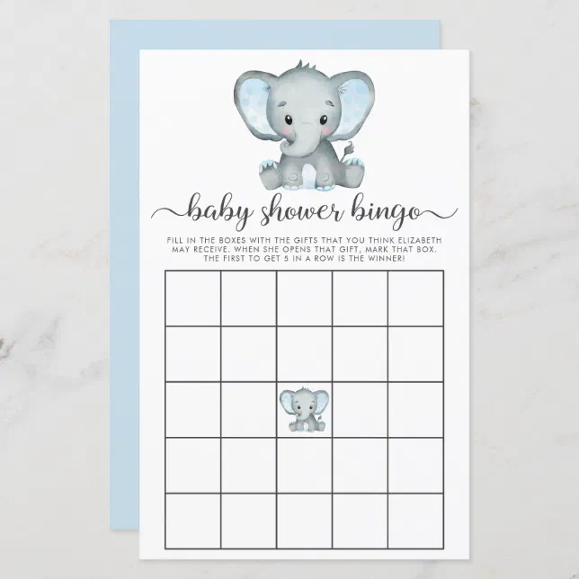 Elephant Blue Watercolor Baby Bingo Shower Game | Zazzle