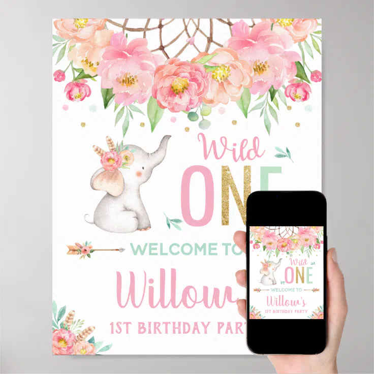 Elephant Boho Pink Floral 1st Birthday Welcome Poster | Zazzle
