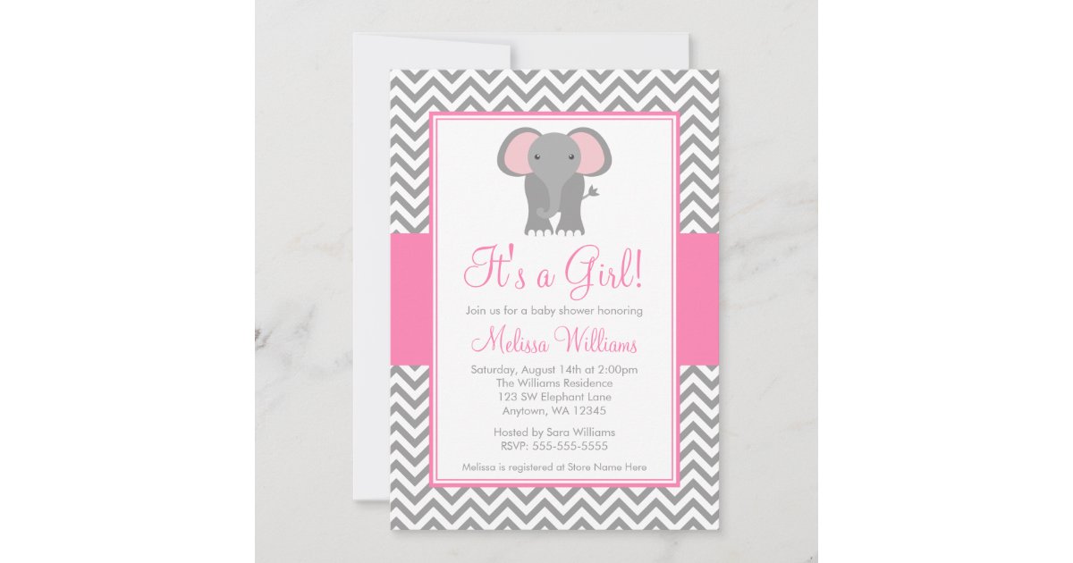 Elephant Chevron Pink Gray Girl Baby Shower Invitation | Zazzle