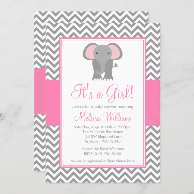 Elephant Chevron Pink Gray Girl Baby Shower Invitation | Zazzle