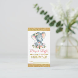 Elephant Diaper Raffle Pink Baby Shower Glitter Enclosure Card | Zazzle