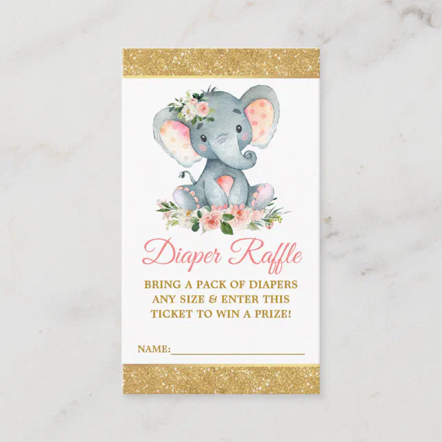 Elephant Diaper Raffle Pink Baby Shower Glitter Enclosure Card | Zazzle