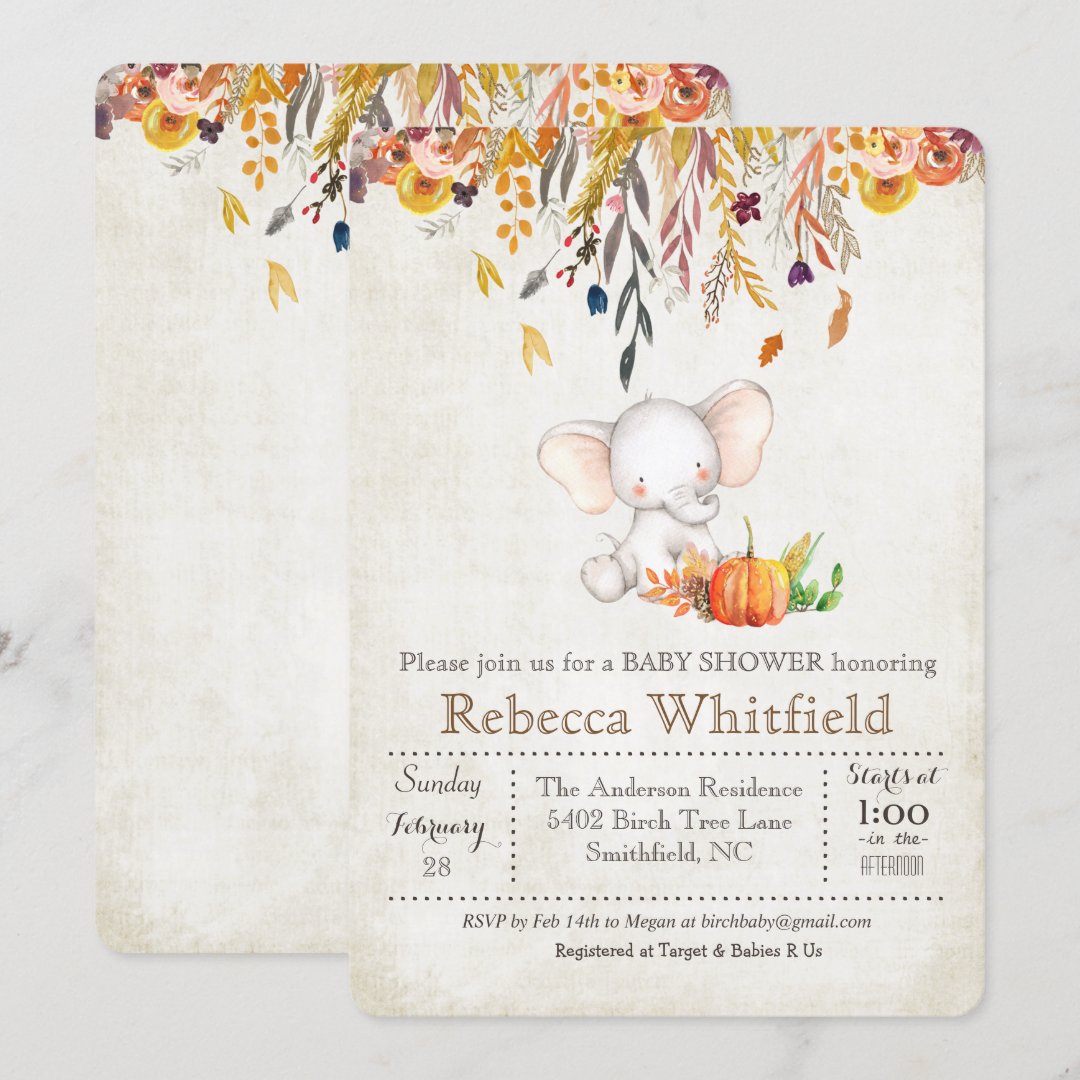 Elephant Fall Pumpkin Baby Shower Invitation | Zazzle