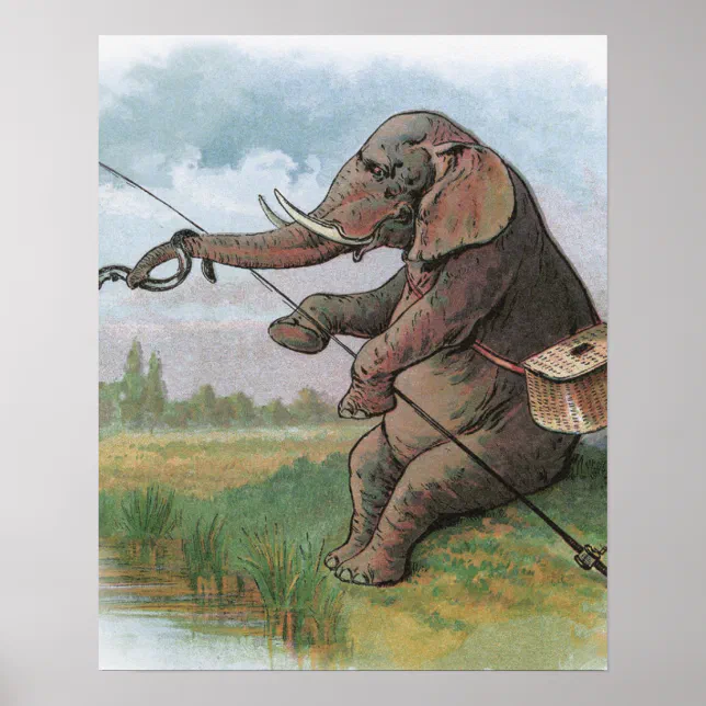 Elephant fisherman fishing Illustration Poster | Zazzle