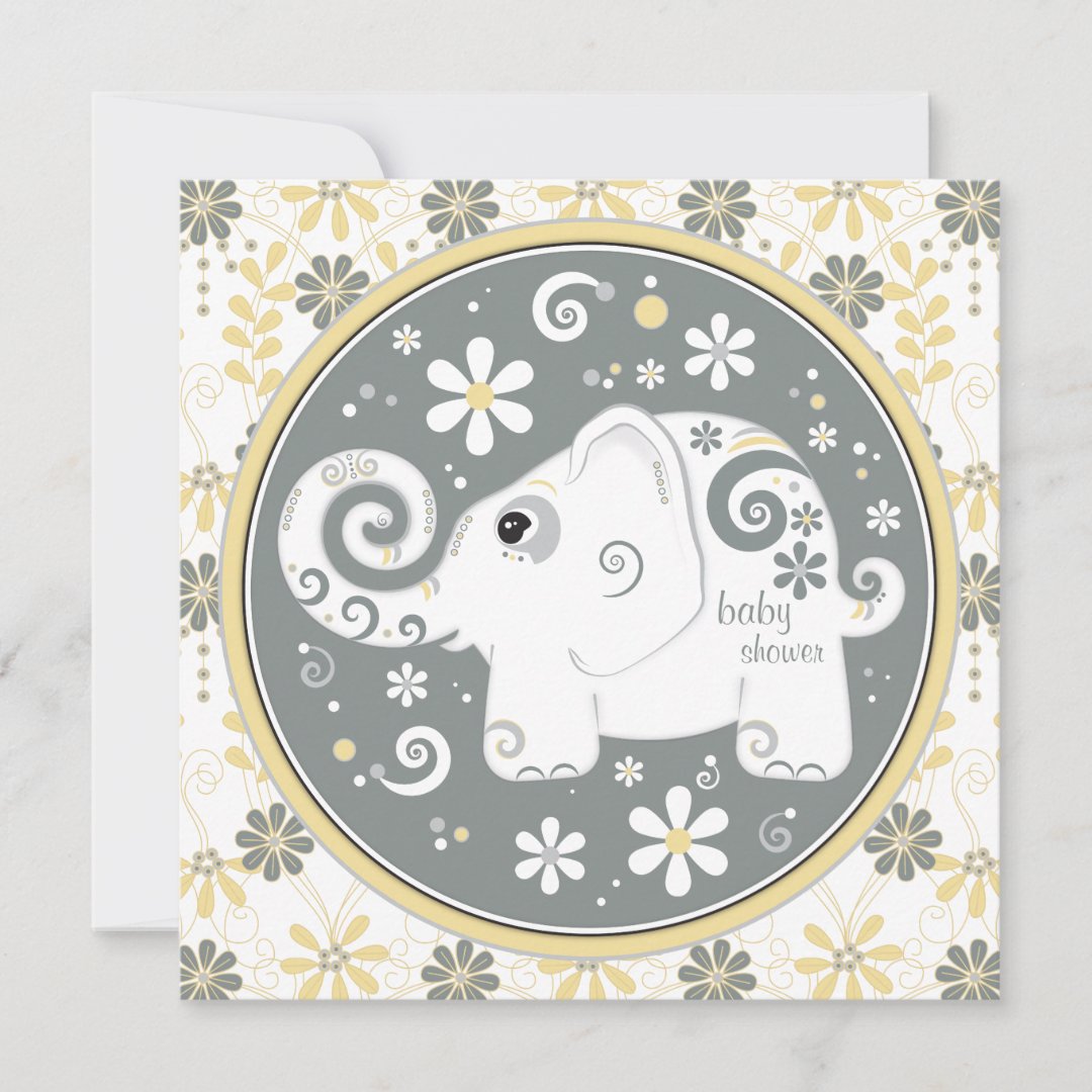 Elephant Floral Yellow Grey Baby Shower Invitation | Zazzle