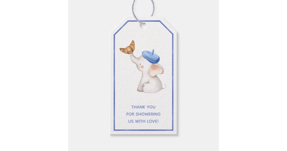 Elephant French Blue Boy Baby Shower Card Gift Tags | Zazzle