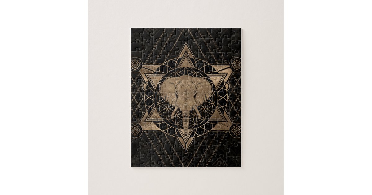 Elephant in Sacred Geometry - Black and gold Jigsaw Puzzle | Zazzle